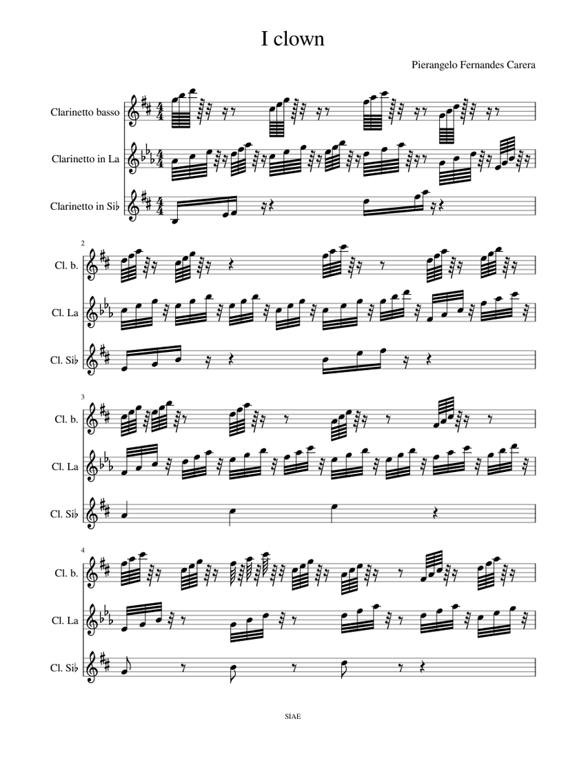 I clown Sheet Music for Clarinet in b-flat, Clarinet bass, Clarinet in ...