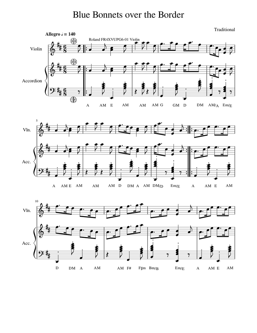 Blue Bonnets over the Border Sheet Music with Chords for Accordion ...