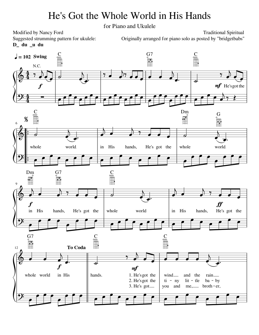 He’s Got the Whole World in His Hands (for Piano and Ukulele) Sheet ...