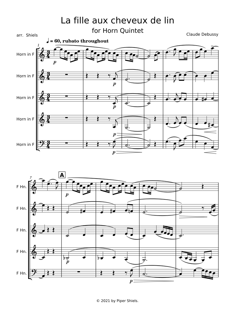 La fille aux cheveux de lin – Claude Debussy (Horn Quintet) Sheet music ...