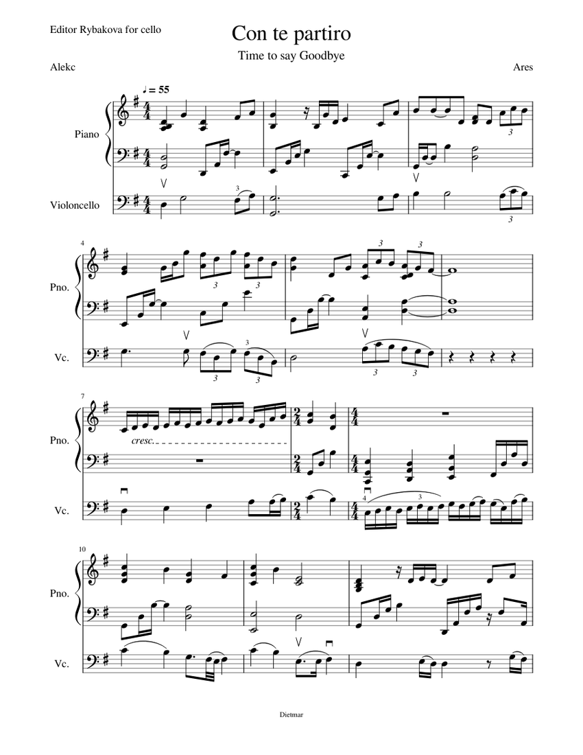 Con_te_partiro_for cello Sheet music for Piano, Cello (Mixed Duet ...