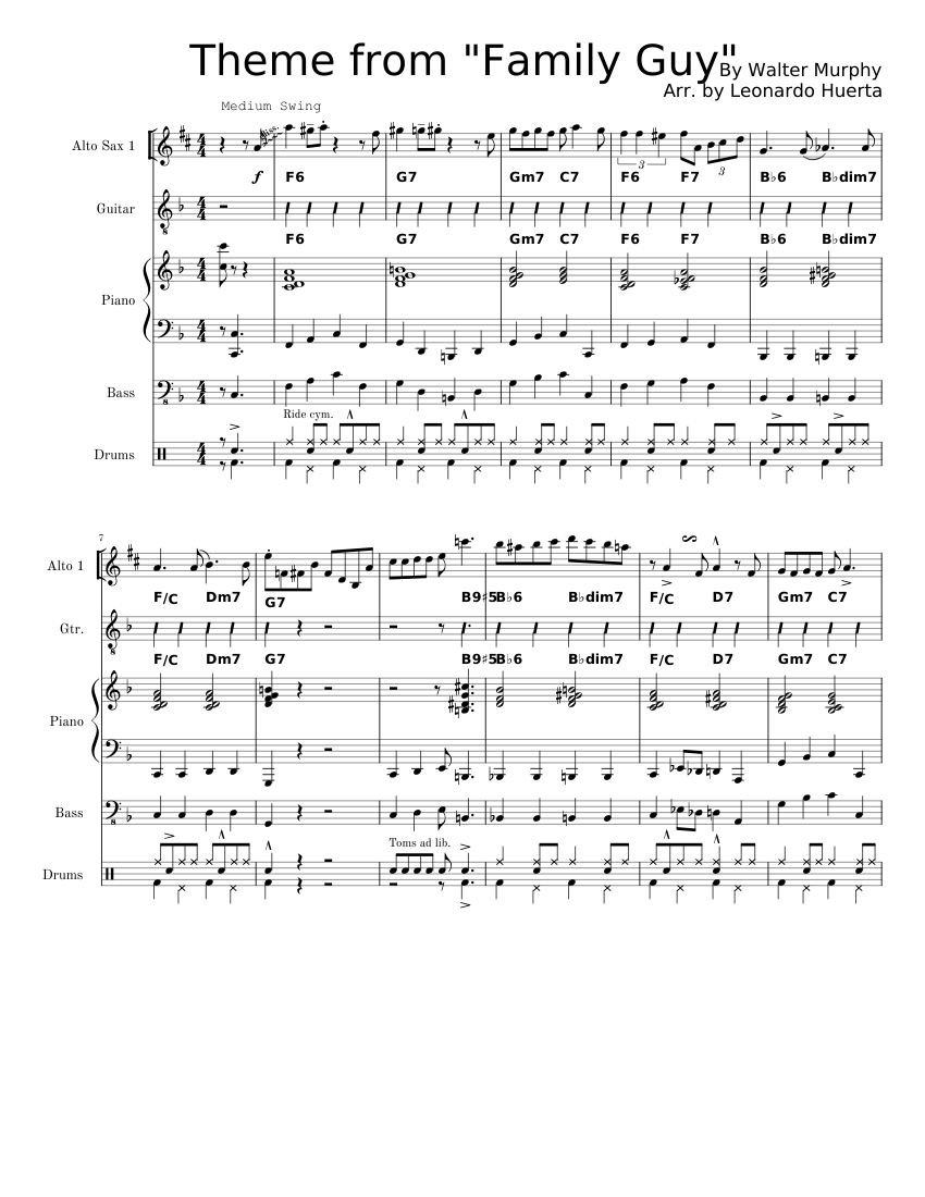 Theme from "Family Guy" Sheet music for Piano, Saxophone alto, Guitar ...