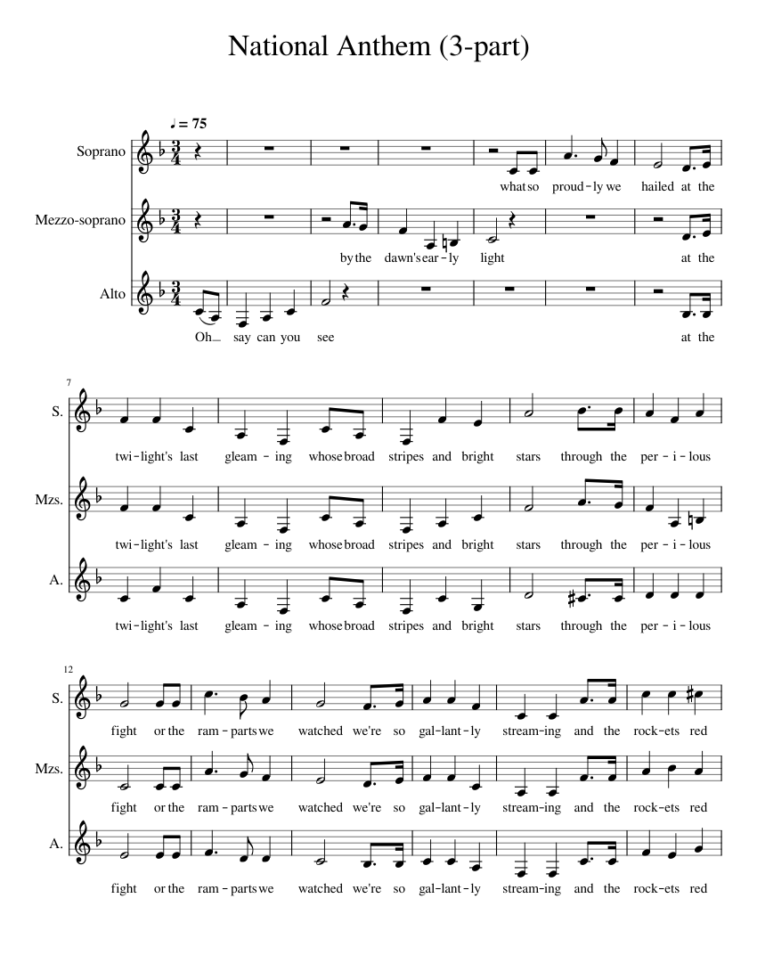 National Anthem 3-part Sheet music for Soprano, Alto, Mezzo soprano ...