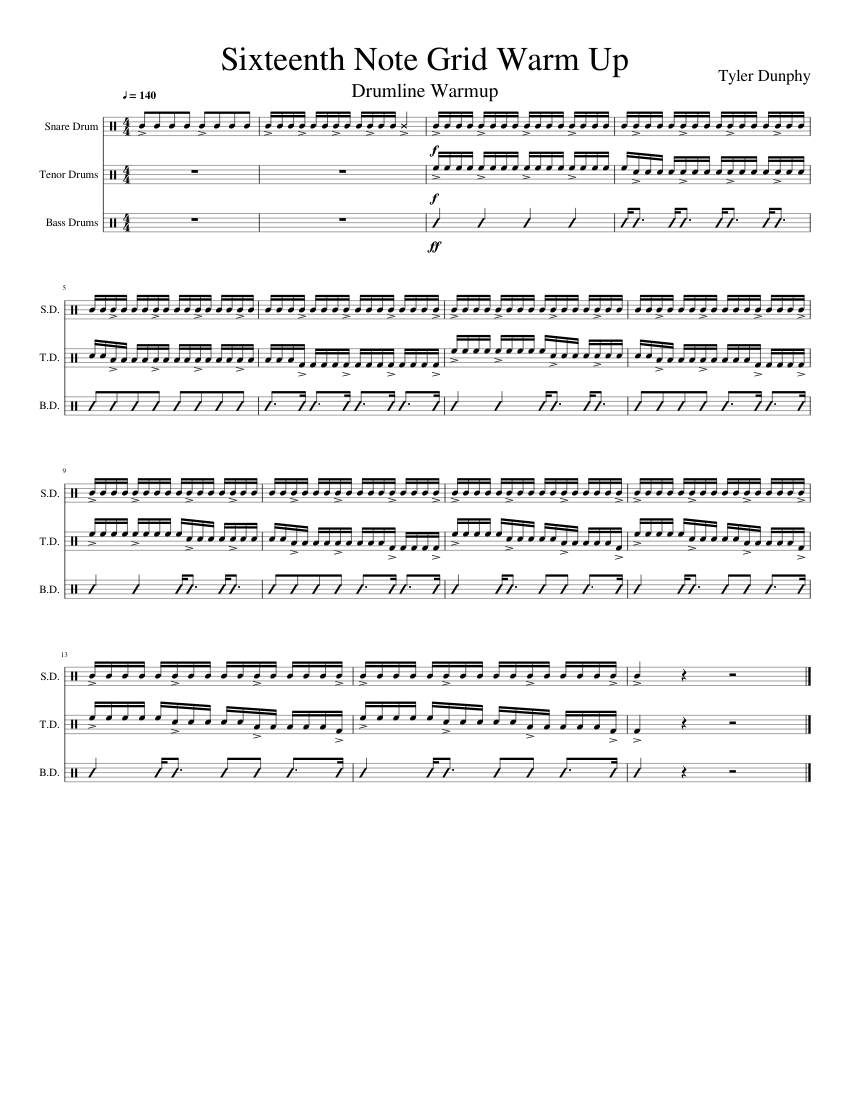Sixteenth Note Grid Warm Up Sheet Music for Snare drum, Tenor drum ...