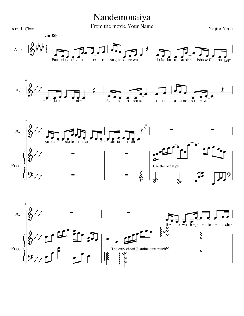 Nandemonaiya - Your Name Sheet Music for Piano, Alto (Piano-Voice) | MuseScore.com