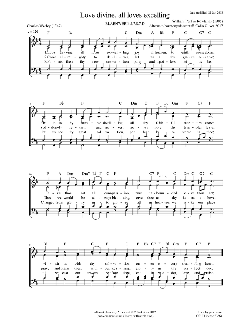 Love divine all loves excelling Blaenwern Sheet Music with Chords for ...