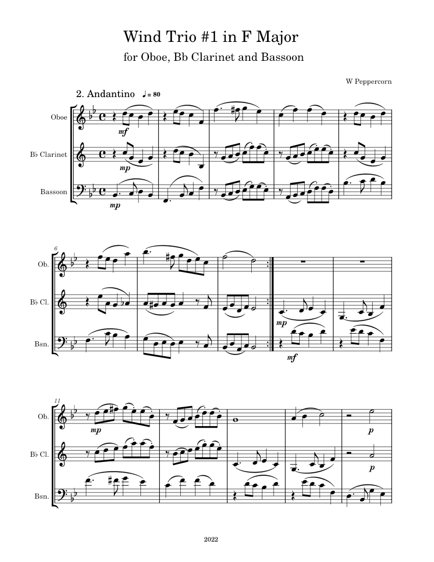 Wind Trio #1 2.Andantino Sheet Music for Oboe, Clarinet in b-flat ...