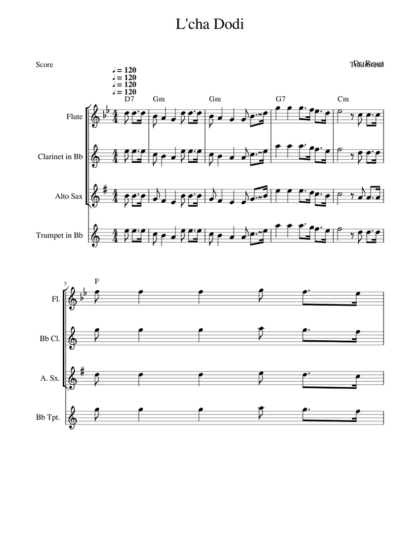 L'cha Dodi Sheet Music with Chords for Flute, Clarinet in b-flat ...