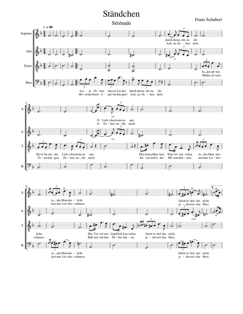 Staendchen - Serenade Sheet Music for Soprano, Alto, Tenor, Bass voice ...