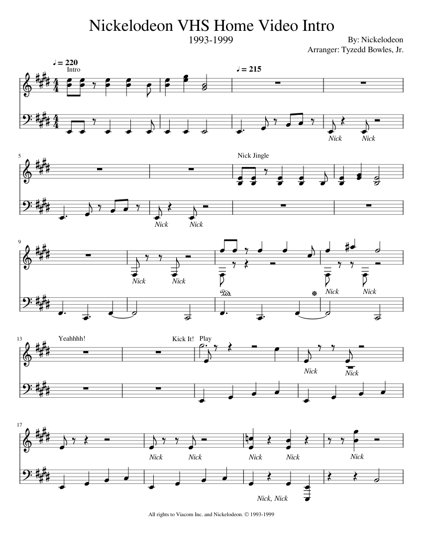 Nickelodeon VHS Home Video Intro Sheet Music for Piano (Solo) easy ...