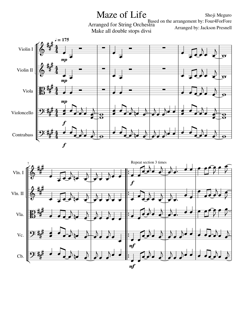 Maze of Life Sheet music for Contrabass, Violin, Viola, Cello (String ...