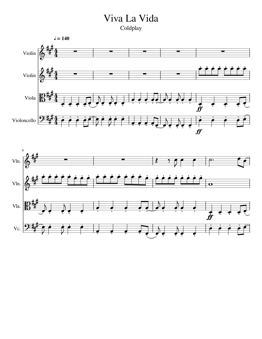 Viva la Vida Sheet music for Violin, Viola, Cello (String Quartet ...