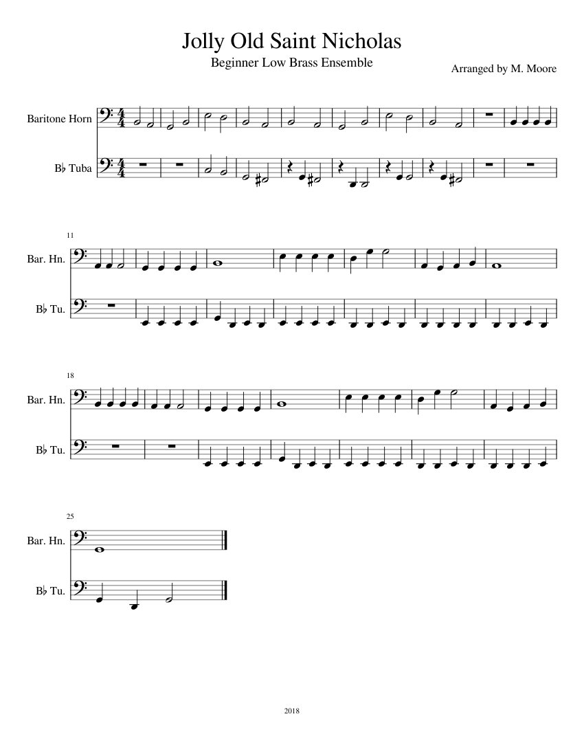 Jolly Old Saint Nicholas Sheet Music for Tuba, Baritone horn (Brass ...