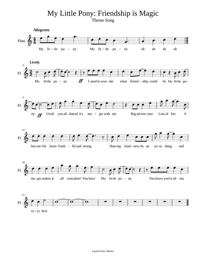 My Little Pony Friendship is Magic Theme Song Flute Sheet Music for ...