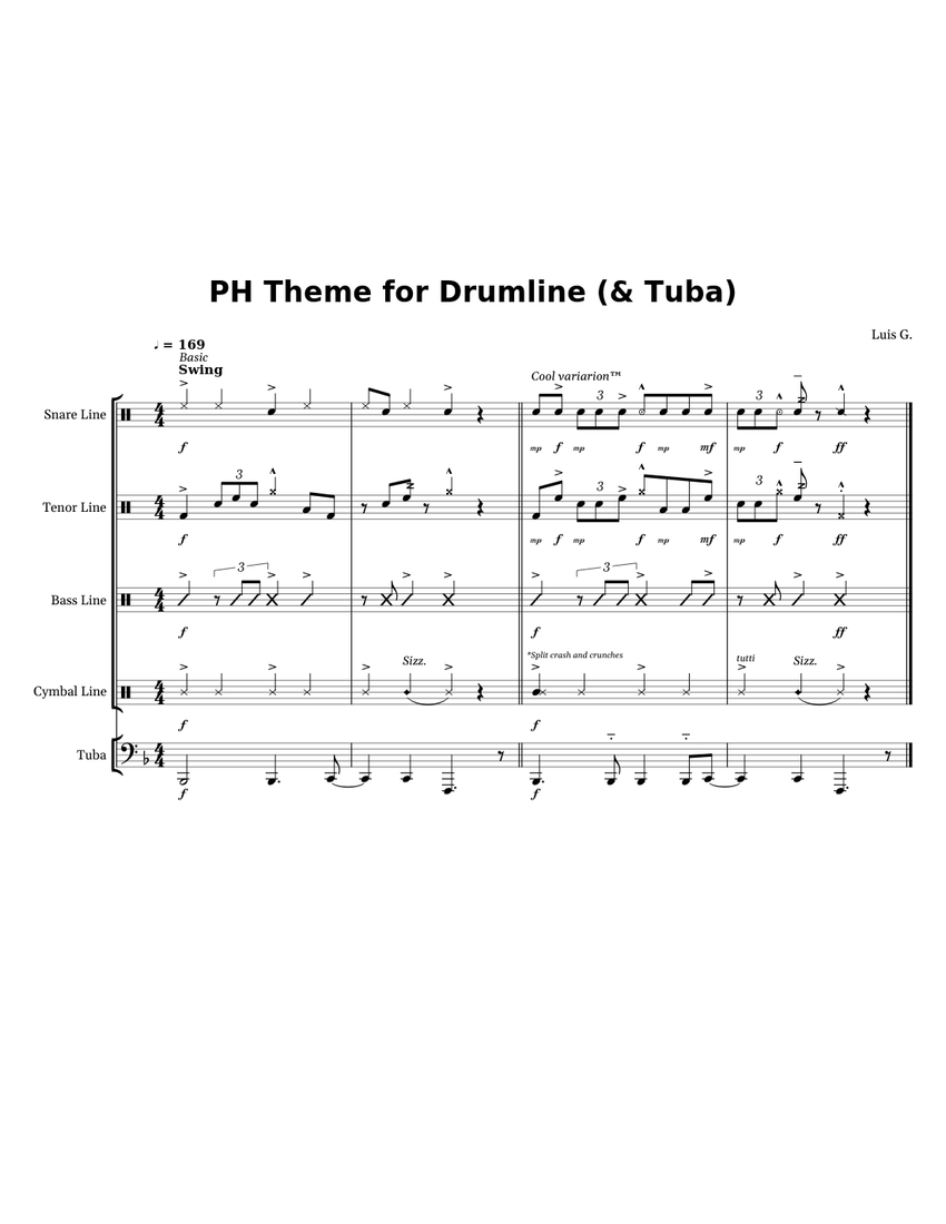 PH Theme for Drumline (& Tuba) Sheet music for Tuba, Snare drum, Crash ...