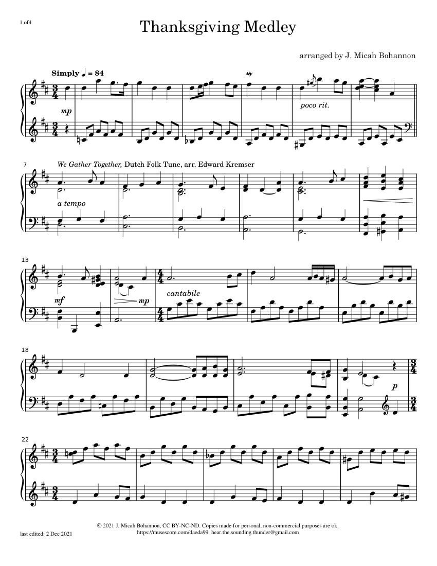 Thanksgiving Medley Sheet Music for Piano (Solo) | MuseScore.com