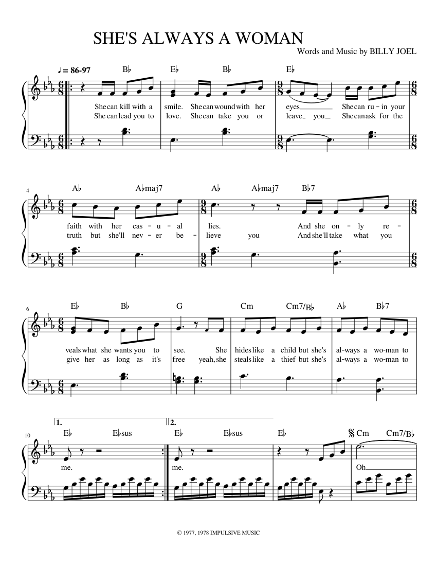 She's Always A Woman (Solo Version) Sheet Music with Chords for Piano ...