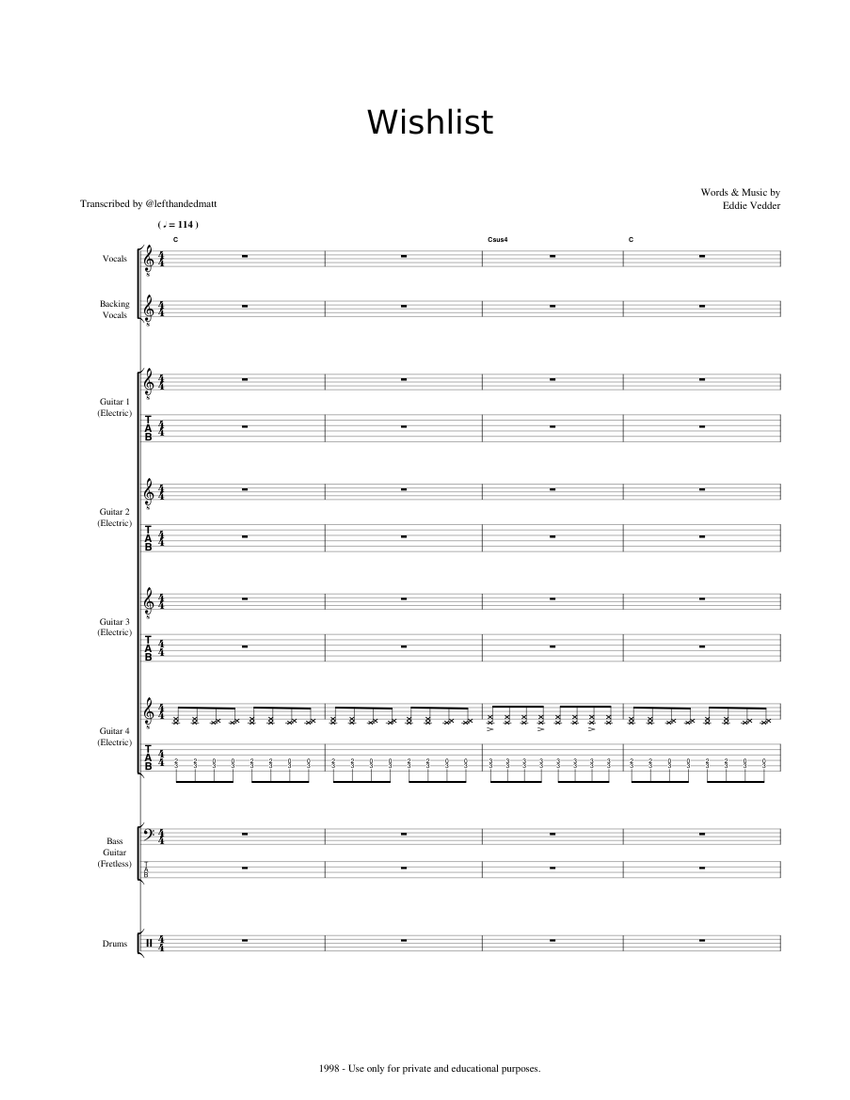 Wishlist - Pearl Jam Sheet Music and Tab with Chords for Vocals, Guitar ...