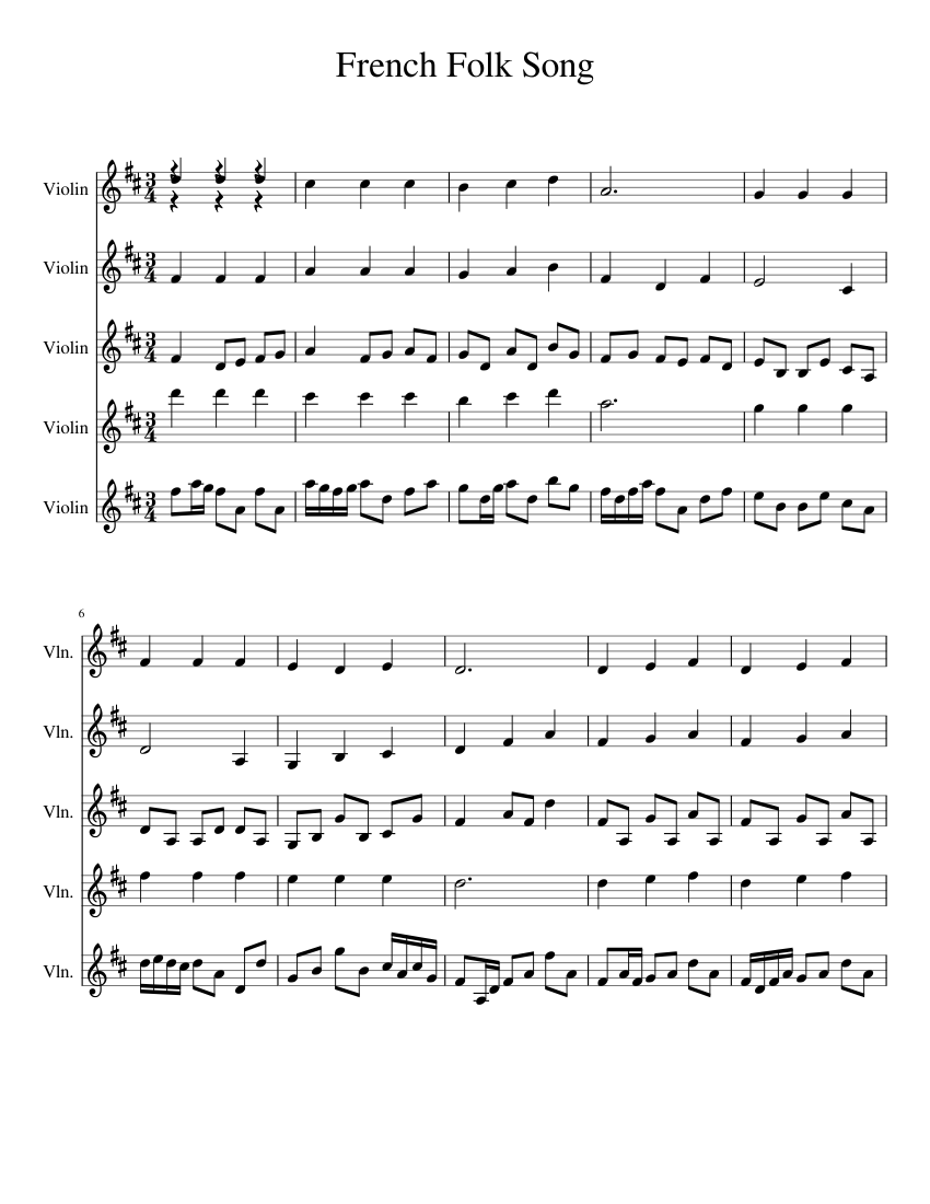 French Folk Song Sheet Music for Violin (Mixed Quintet) | MuseScore.com