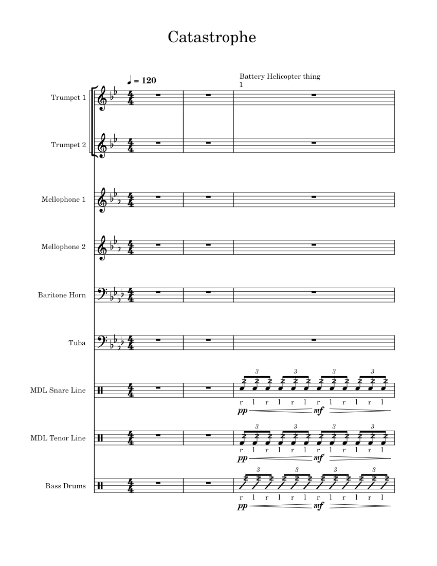 Catastrophe Sheet music for Tuba, Mellophone, Snare drum, Baritone horn ...