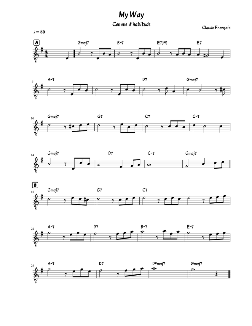 My Way Sheet Music with Chords for Guitar (Solo) | MuseScore.com