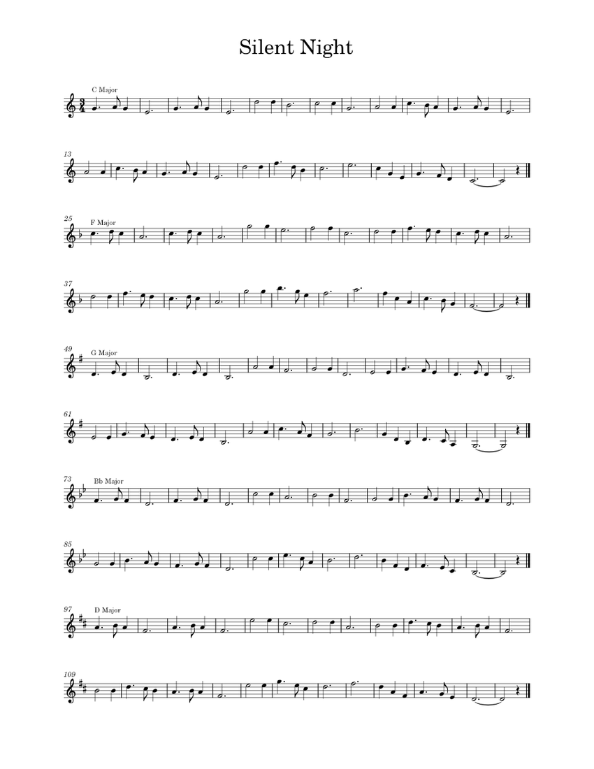 Silent Night – Franz Xaver Gruber (all keys for trumpet/cornet) Sheet ...