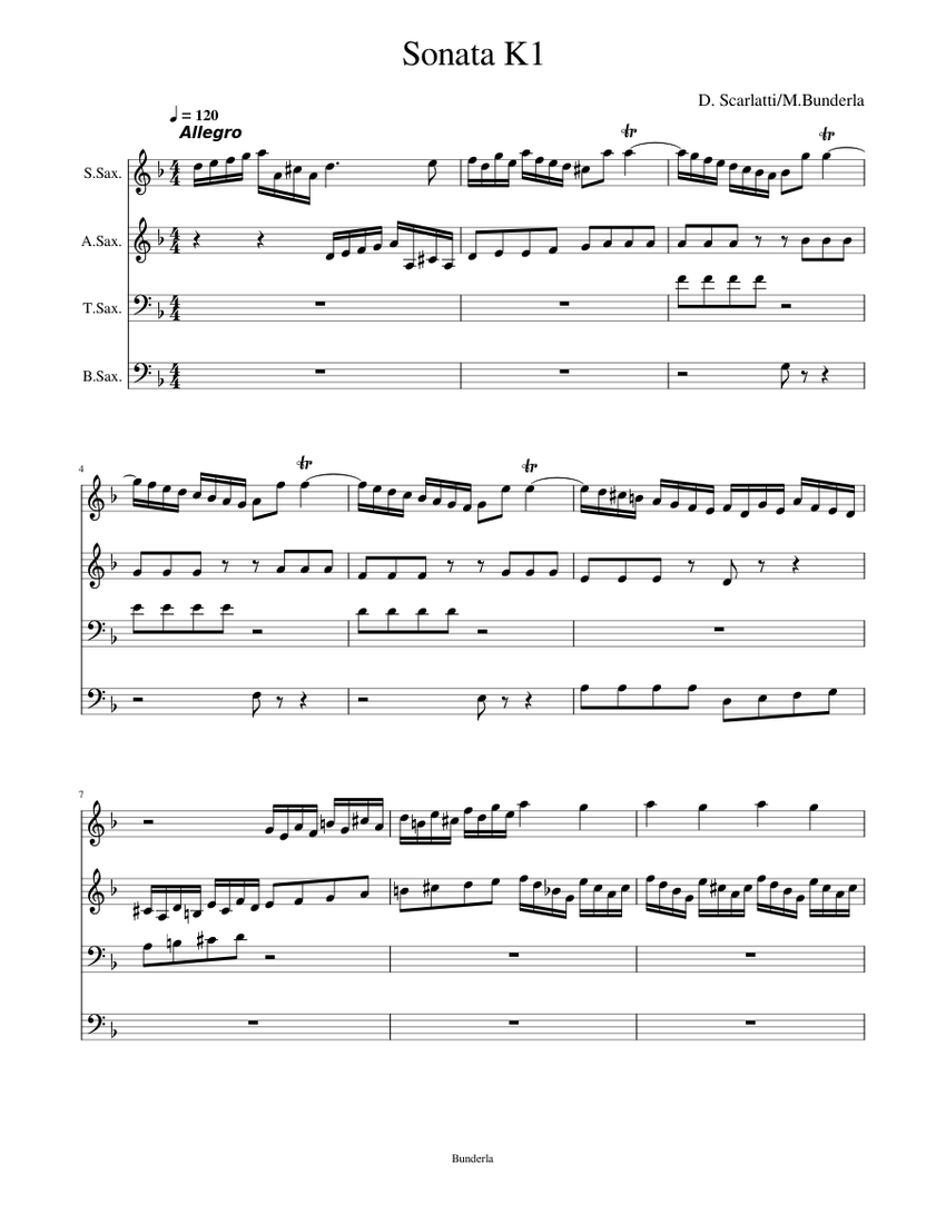 Sonata K1 arranged for saxophone quartet - by Domenico Scarlatti - piano tutorial