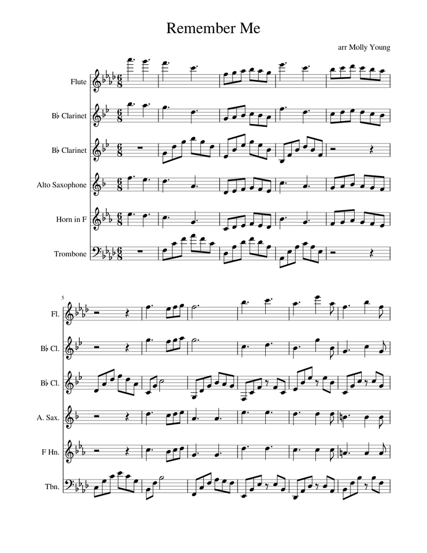 Remember Me Sheet music for Trombone, Flute, Clarinet in b-flat ...