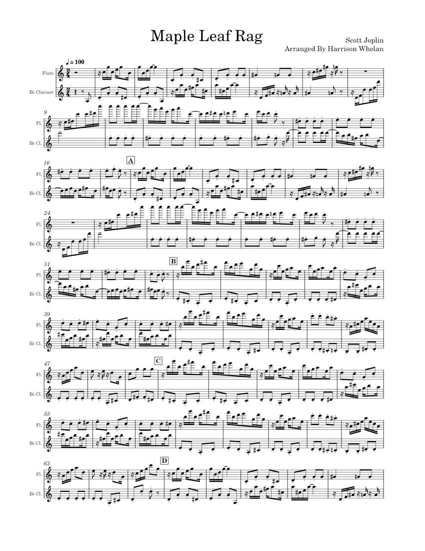 Maple Leaf Rag Flute/Clarinet Duet Sheet music for Flute, Clarinet in b ...