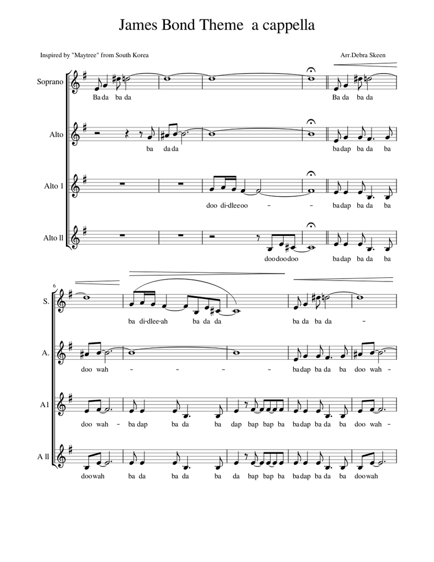 James Bond theme SSAA Sheet Music for Soprano, Alto, Tenor, Bass voice ...