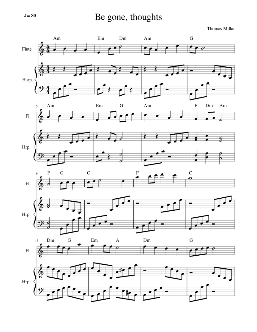 Be gone, thoughts Sheet music for Flute, Harp (Mixed Duet) | Musescore.com