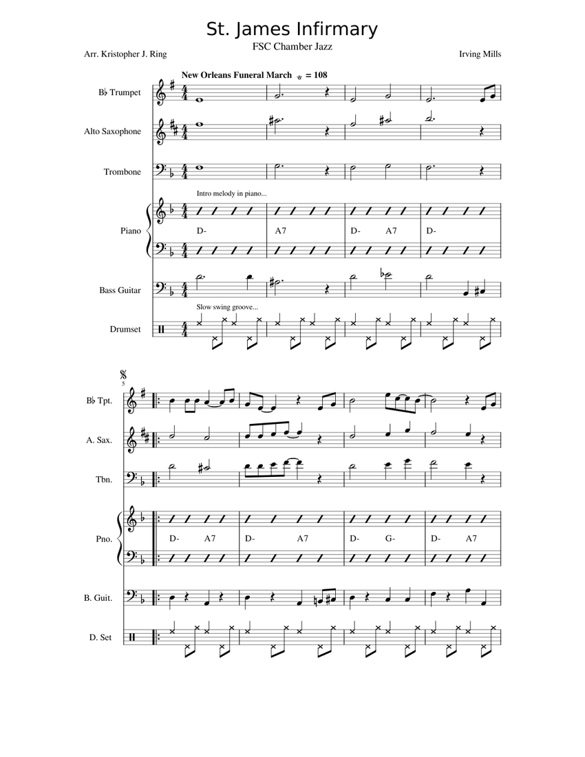 St. James Infirmary, for Jazz Combo Sheet Music with Chords for Piano, Trombone, Saxophone alto ...