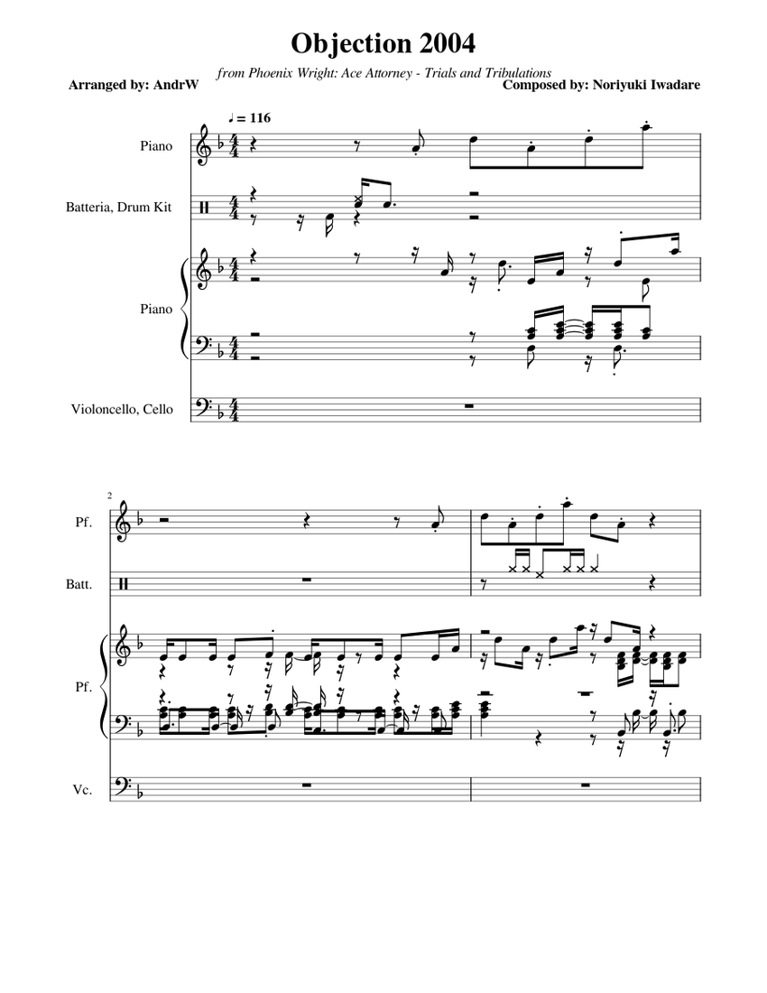 Objection 2004 Sheet Music for Piano, Cello, Drum group (Mixed Quartet ...
