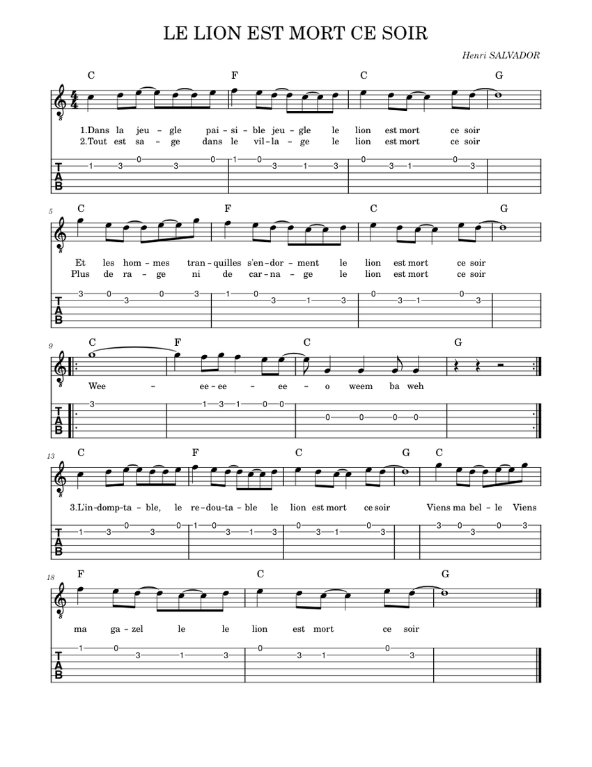 Le Lion Est Mort Ce Soir (paroles, accords et tablatures) – Henri ...