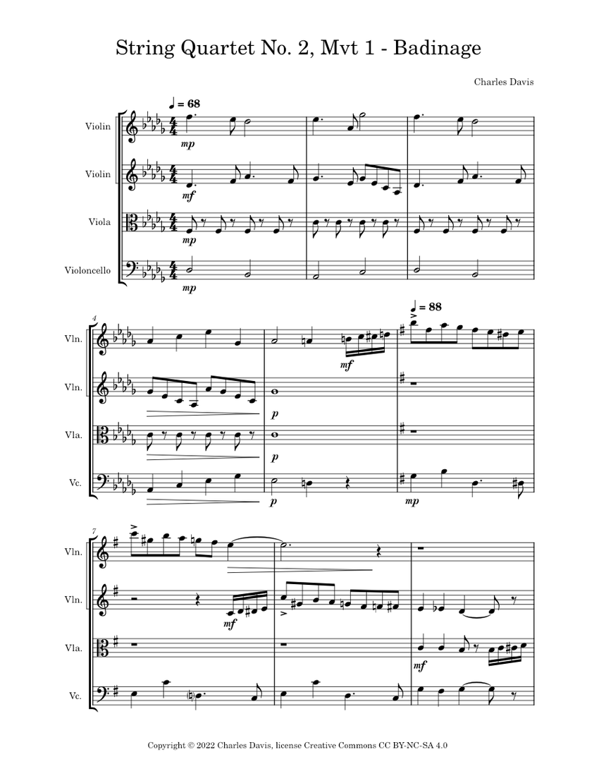 String Quartet No. 2, Mvt-1 - Badinage Sheet music for Violin, Viola, Cello (String Quartet ...