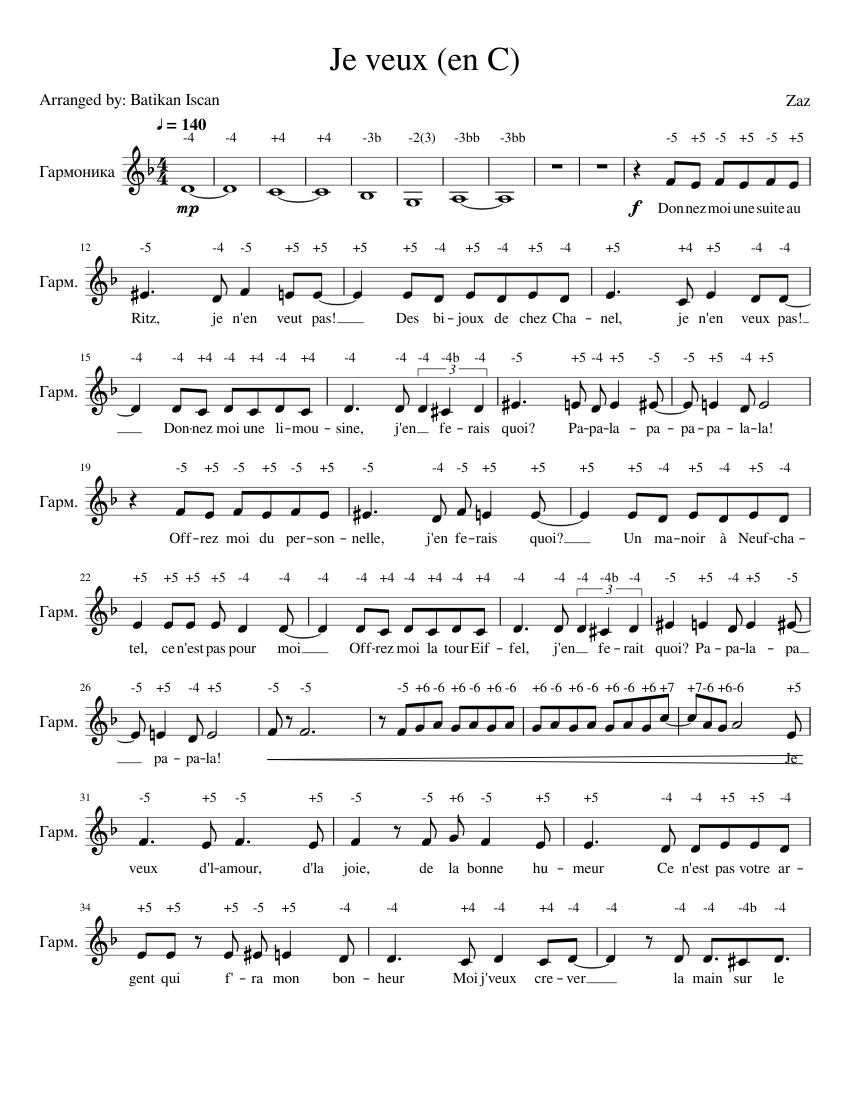 Je veux - Zaz Sheet Music for Harmonica (Solo) | MuseScore.com