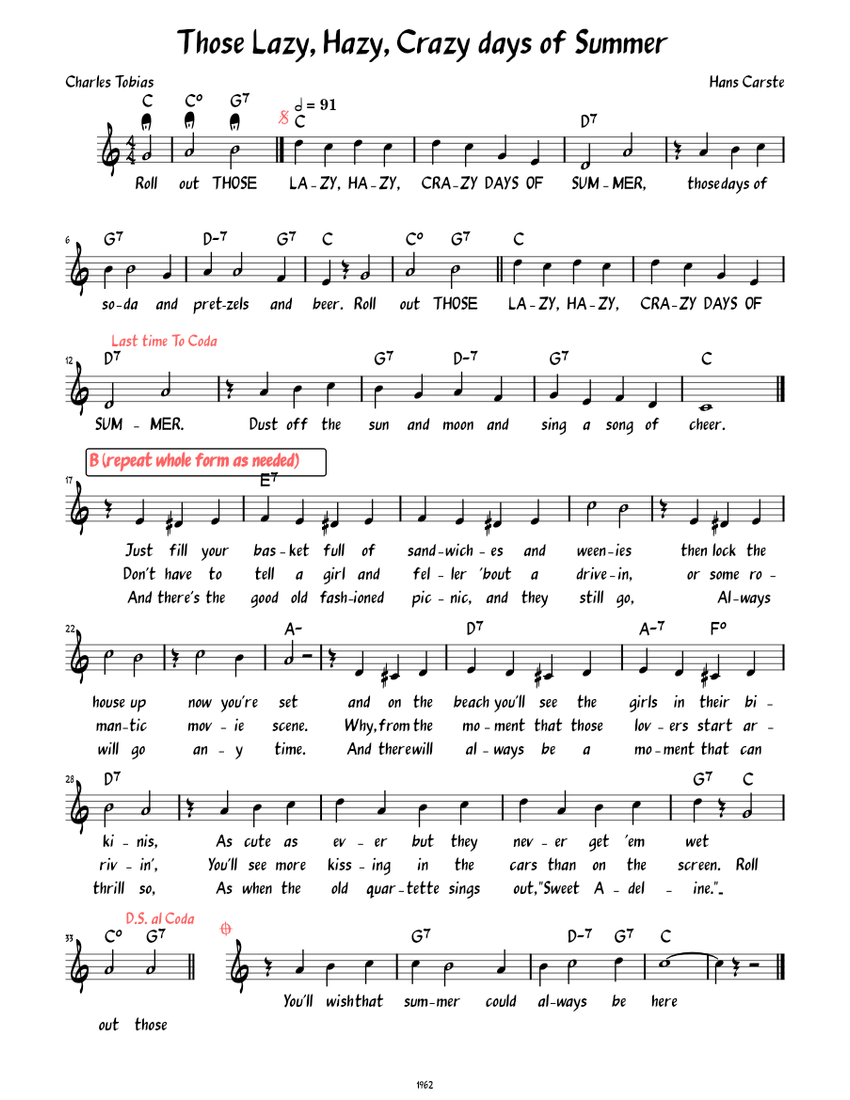 Those Lazy, Hazy, Crazy Days Of Summer (Lead sheet with lyrics ) Sheet ...