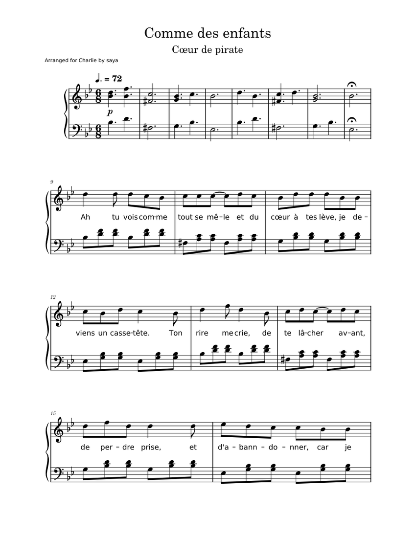 Comme des enfants – Cœur de Pirate Sheet Music for Piano (Solo) Easy ...