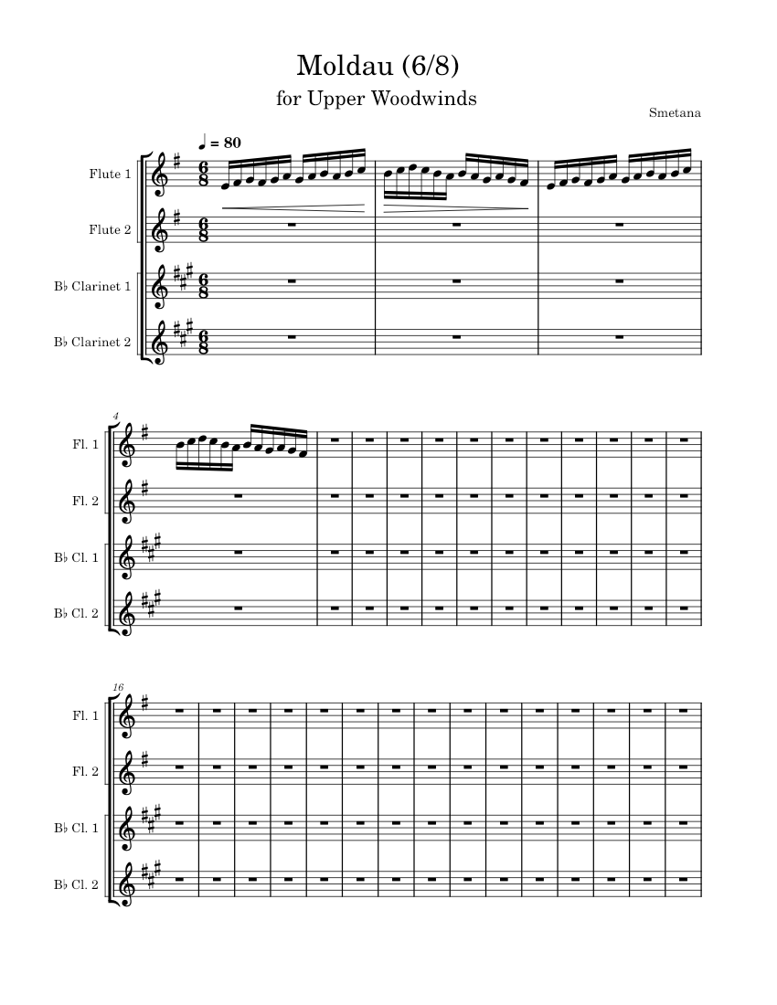 Moldau (in 6/8) Sheet music for Flute, Clarinet in b-flat (Woodwind ...