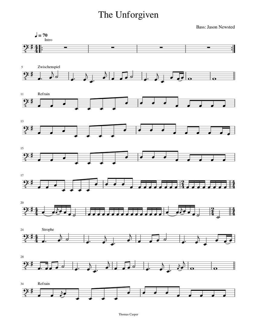 The Unforgiven - Bass Transkription Sheet music for Piano (Solo) Easy ...
