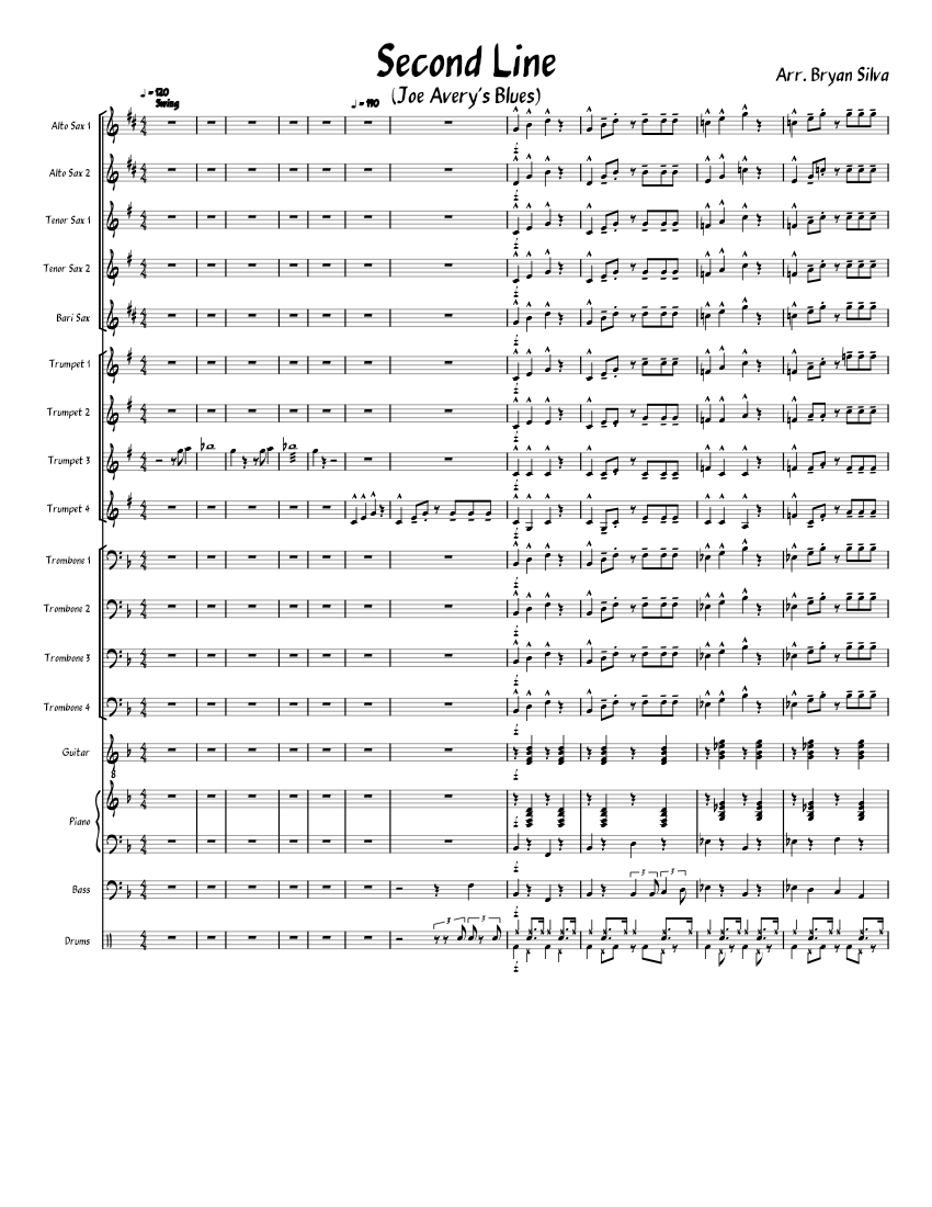 Second Line Sheet Music for Piano, Trombone, Saxophone alto, Saxophone ...