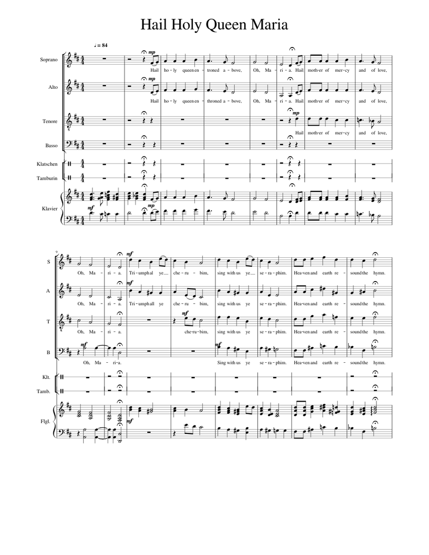 Hail Holy Queen Maria Sheet Music for Piano, Tambourine, Flute, Hand ...