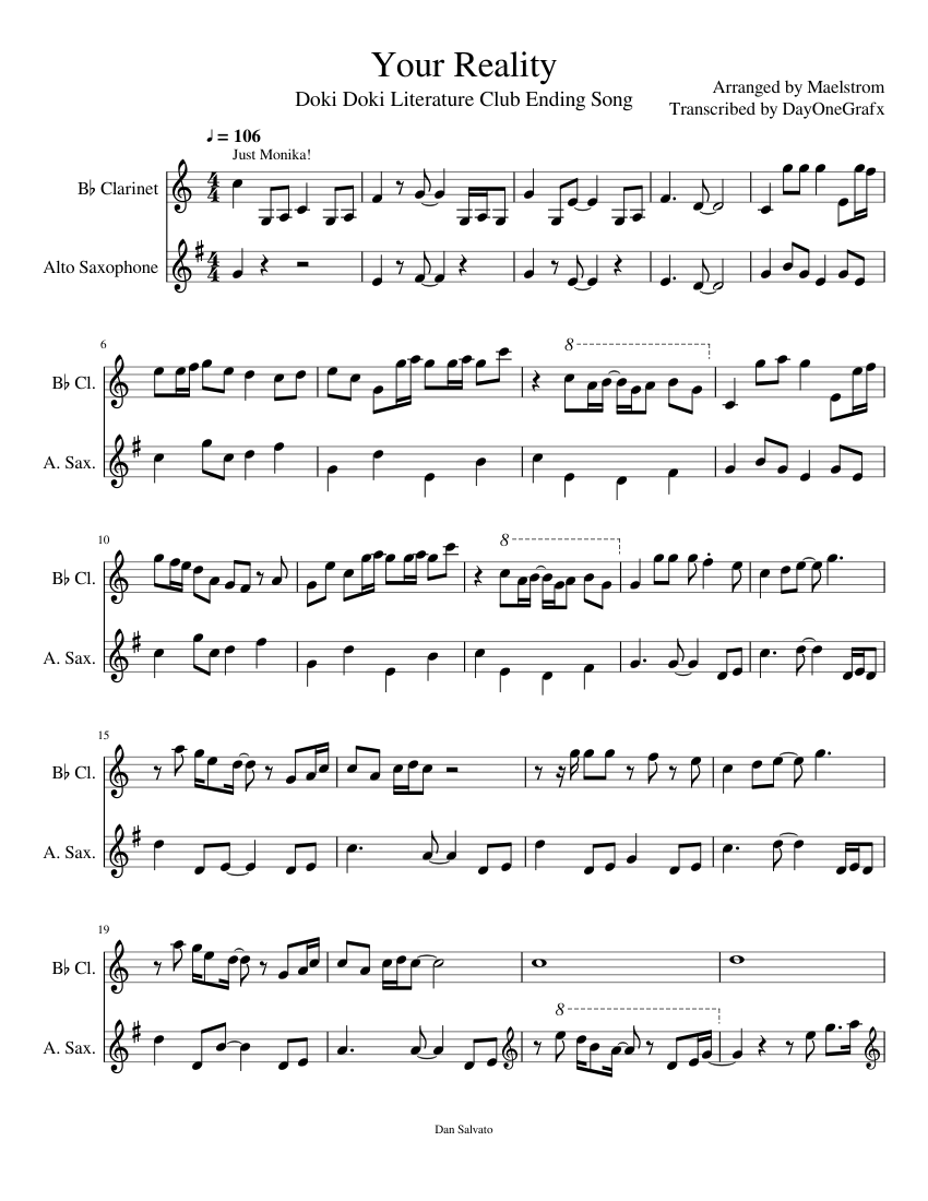 Your Reality - Doki Doki Literature Club Sheet Music for Clarinet in b ...