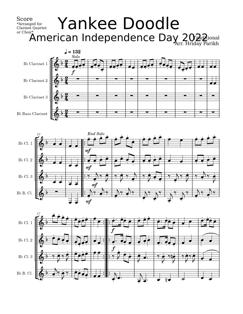 Yankee Doodle for Clarinets Sheet Music for Clarinet in b-flat ...