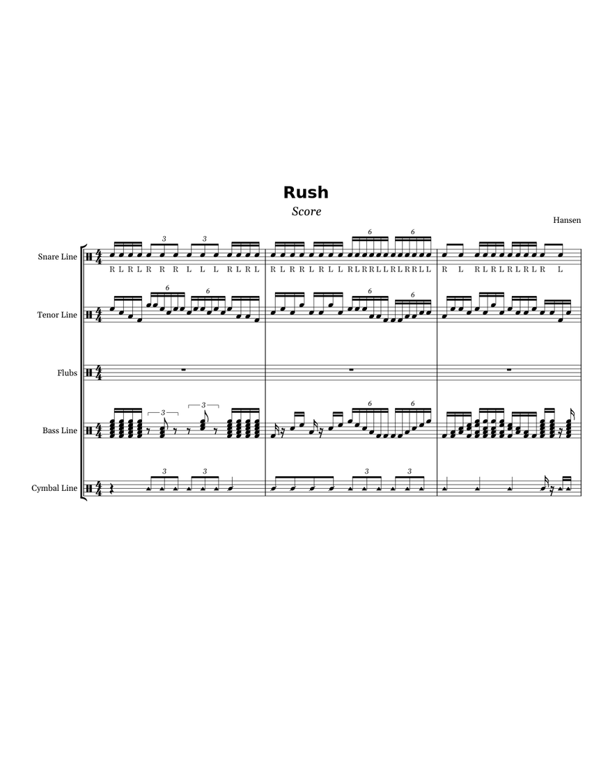 Rush drumline score Sheet music for Snare drum, Crash, Tenor drum, Bass ...