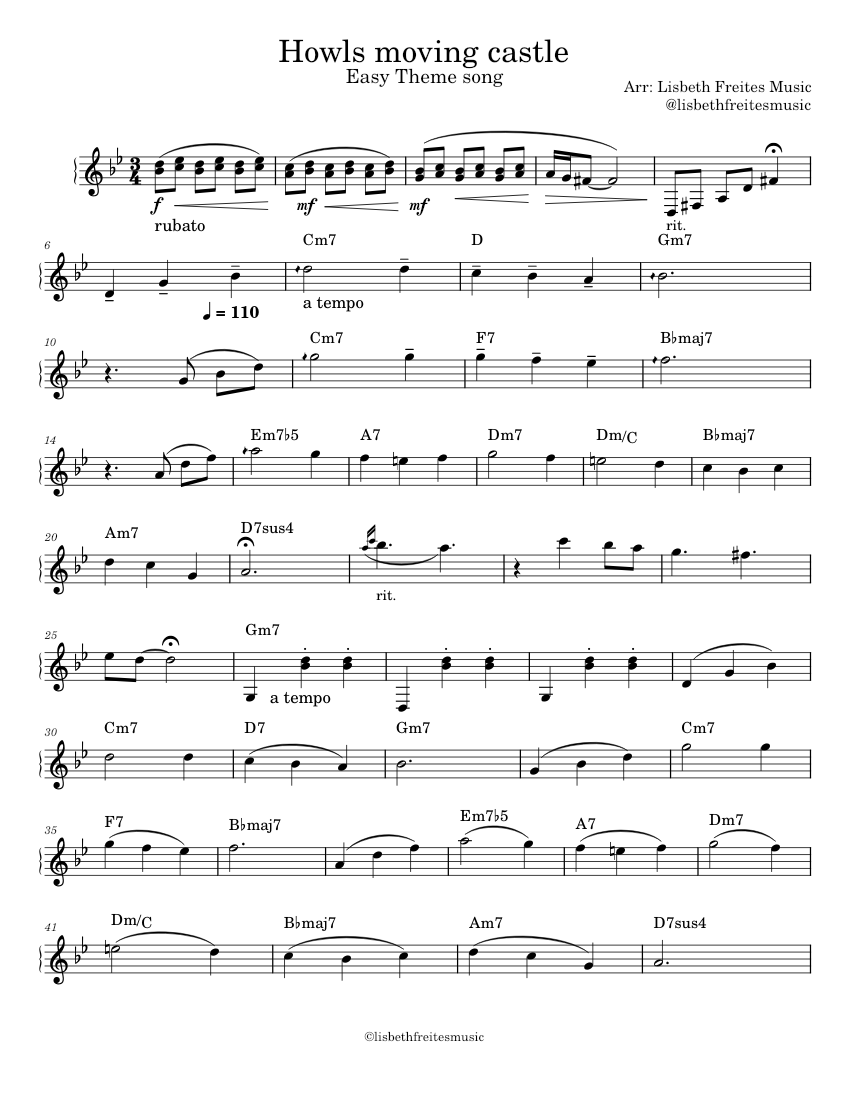Howls moving castle – Joe Hisaishi Howls moving castle Easy lead sheet ...