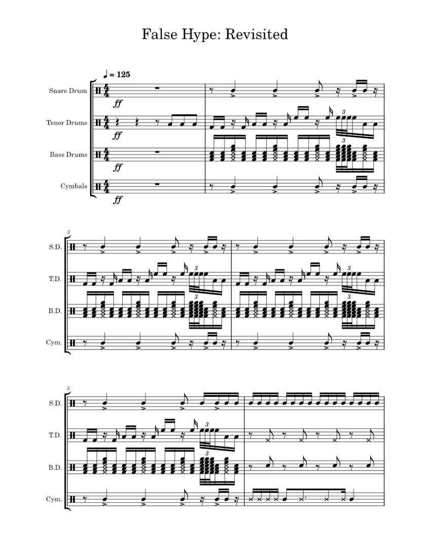 False Hype: Revisited Sheet music for Snare drum, Crash, Tenor drum ...