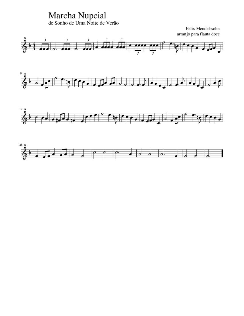 Wedding March by Mendelssohn Recorder Version Sheet Music for Recorder ...