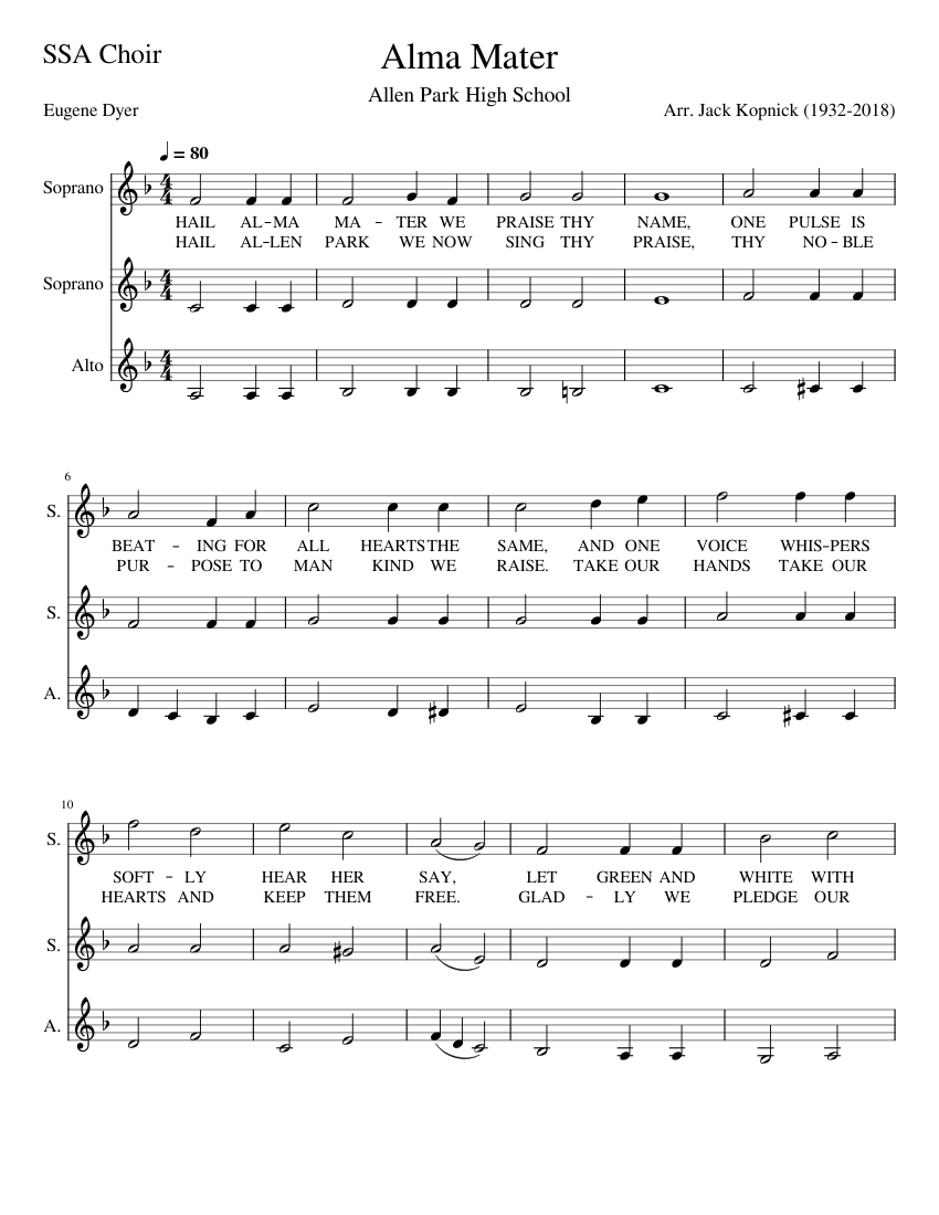 Alma Mater of Allen Park High School – Eugene Dyer Sheet music for ...
