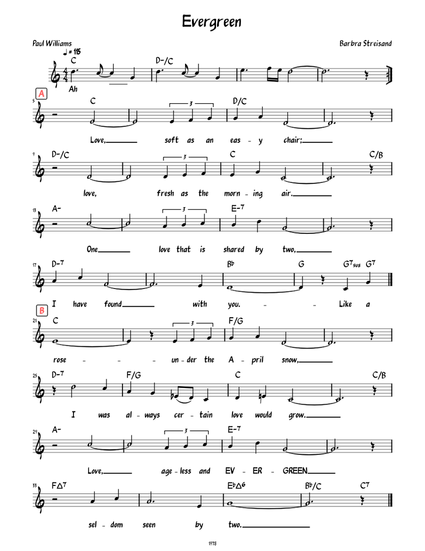 Evergreen (Lead sheet with lyrics ) Sheet Music with Chords for Piano ...